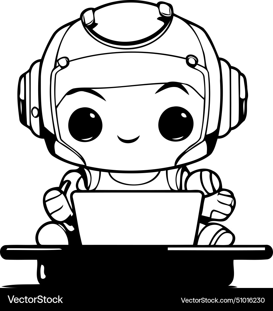 Cute cartoon robot working on laptop technology Vector Image