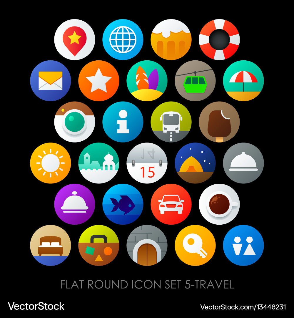 Flat round icon set 5-travel Royalty Free Vector Image