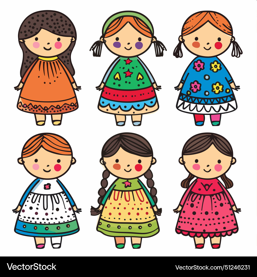 Six cute cartoonstyle diverse dolls wearing Vector Image