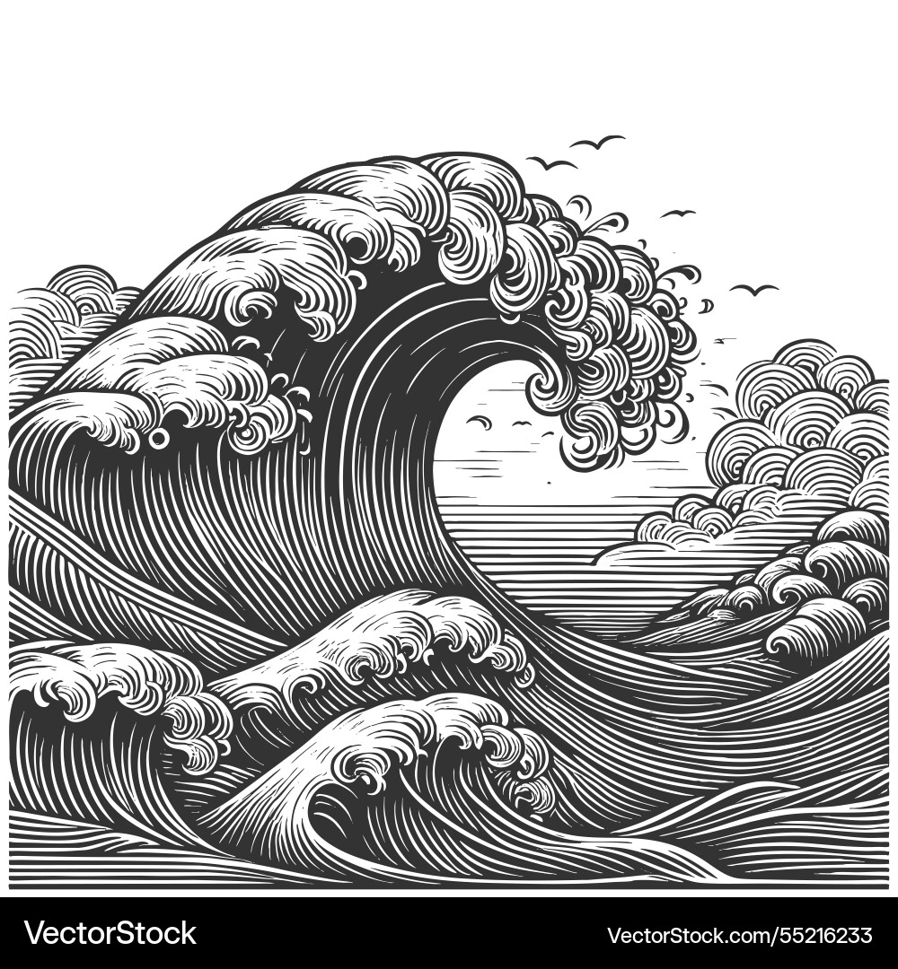 Powerful ocean wave engraving Royalty Free Vector Image