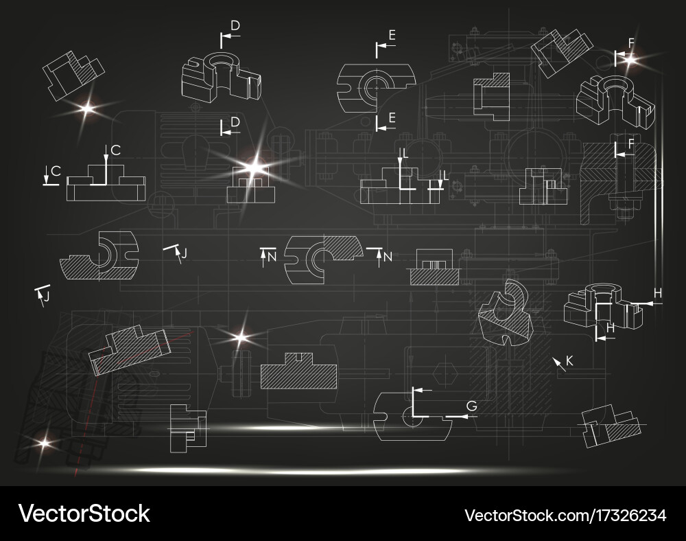 Machine-building drawings on a black background Vector Image
