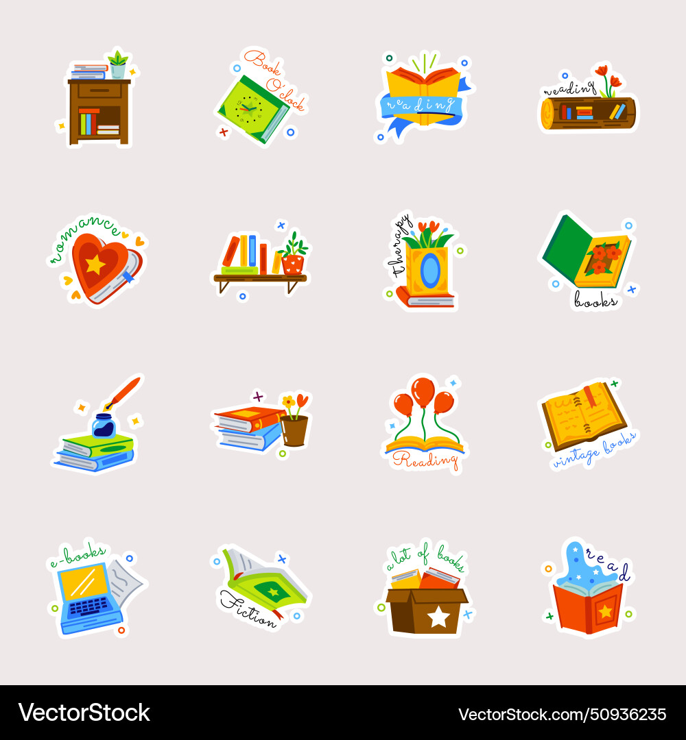 Pack of library books flat stickers Royalty Free Vector