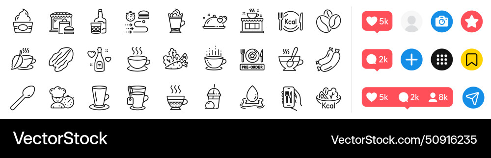 Restaurant app coffee beans and teacup line icons Vector Image