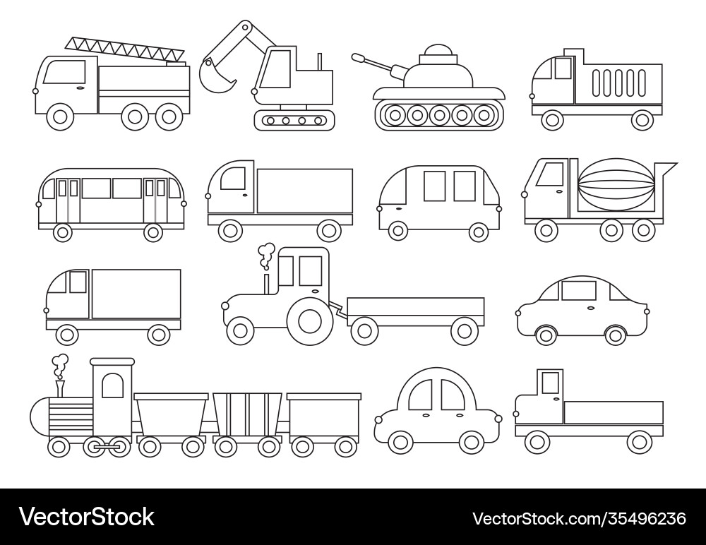 Coloring book set transport car bus train fire Vector Image