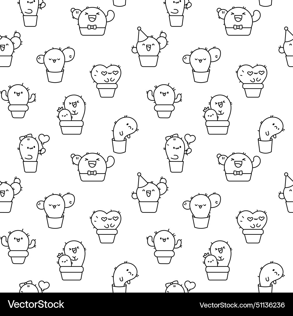 Cute kawaii cactus seamless pattern coloring Vector Image