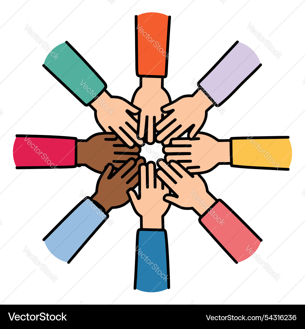 Multicolored hands coming together Royalty Free Vector Image