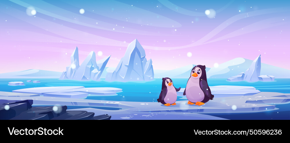 Penguins on snowy arctic landscape Royalty Free Vector Image