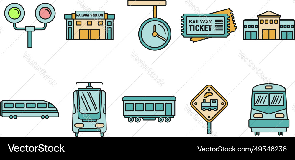 Railway train station icons set color Royalty Free Vector