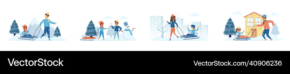 Snow sledding activities bundle of scenes Vector Image