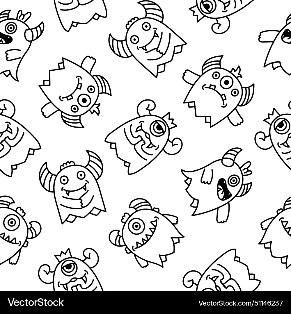 Cute monster seamless pattern coloring page Vector Image