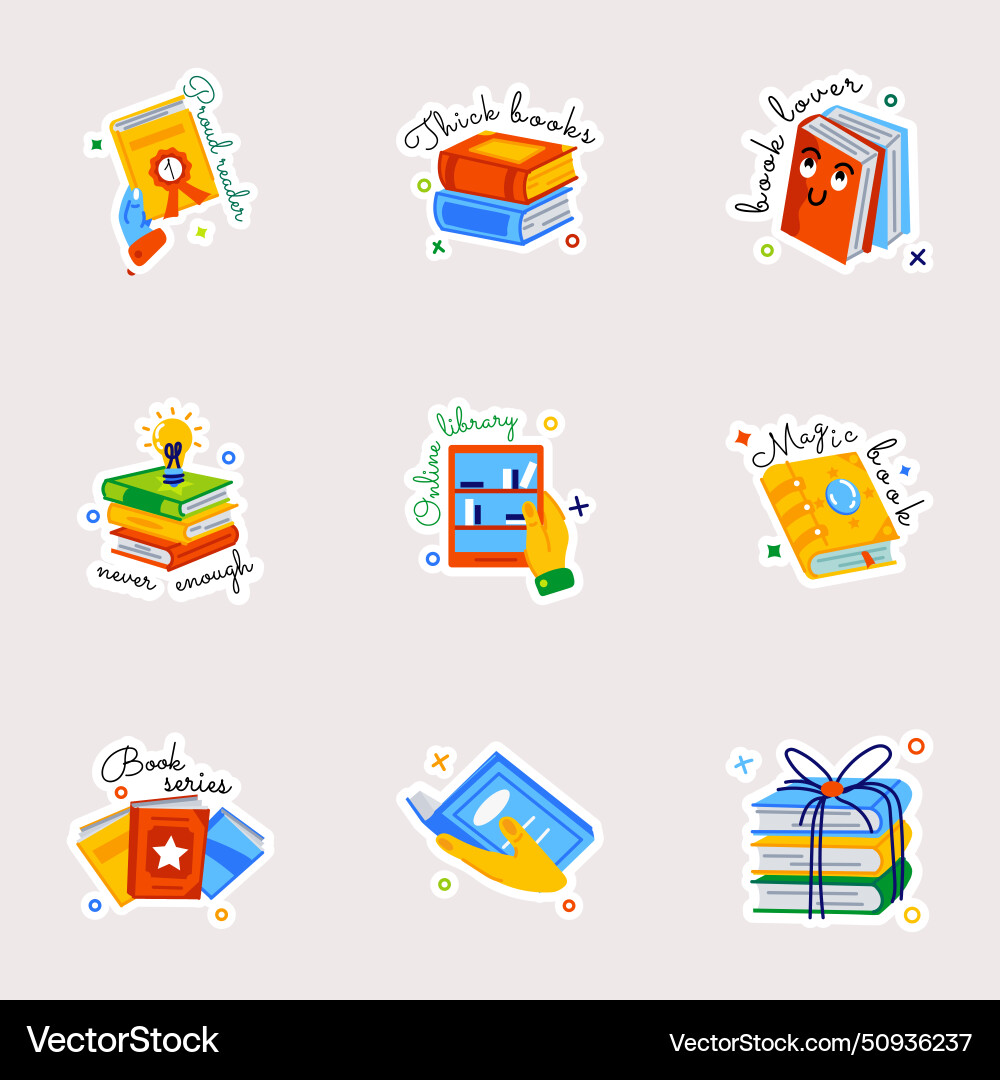 Pack of reading material flat stickers Royalty Free Vector