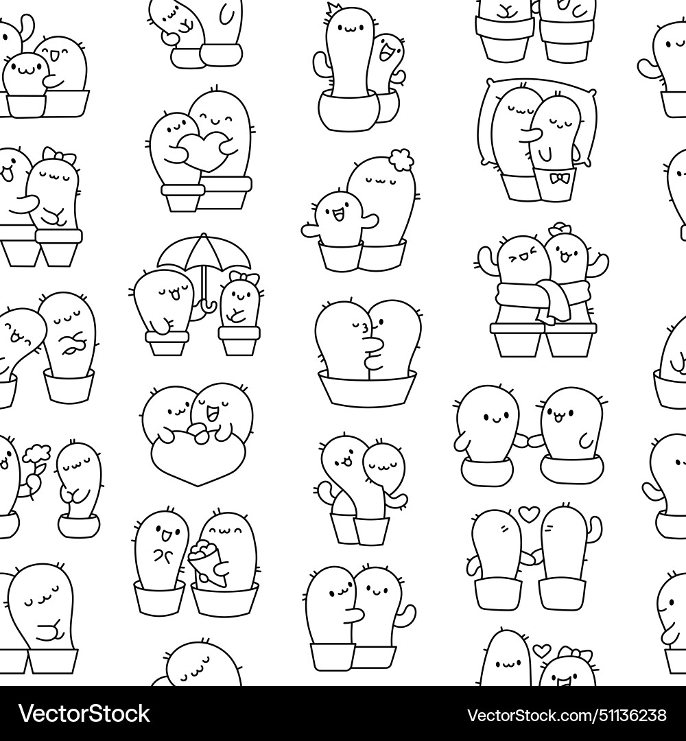 Cactus hug seamless pattern coloring page Vector Image