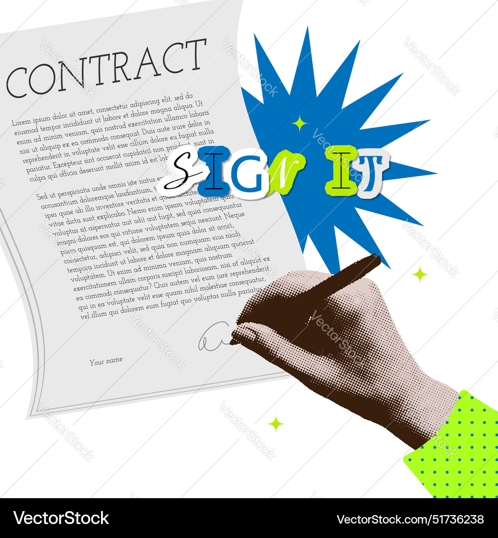 Filling out a document in halftone collage style Vector Image