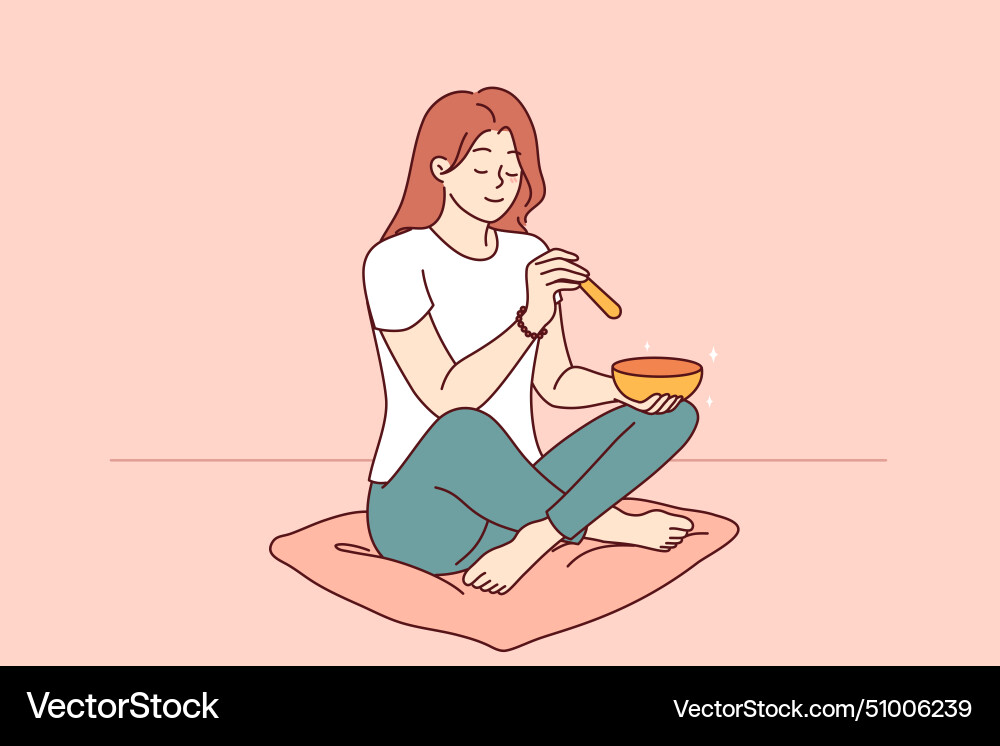 Woman practices tibetan meditation using golden Vector Image