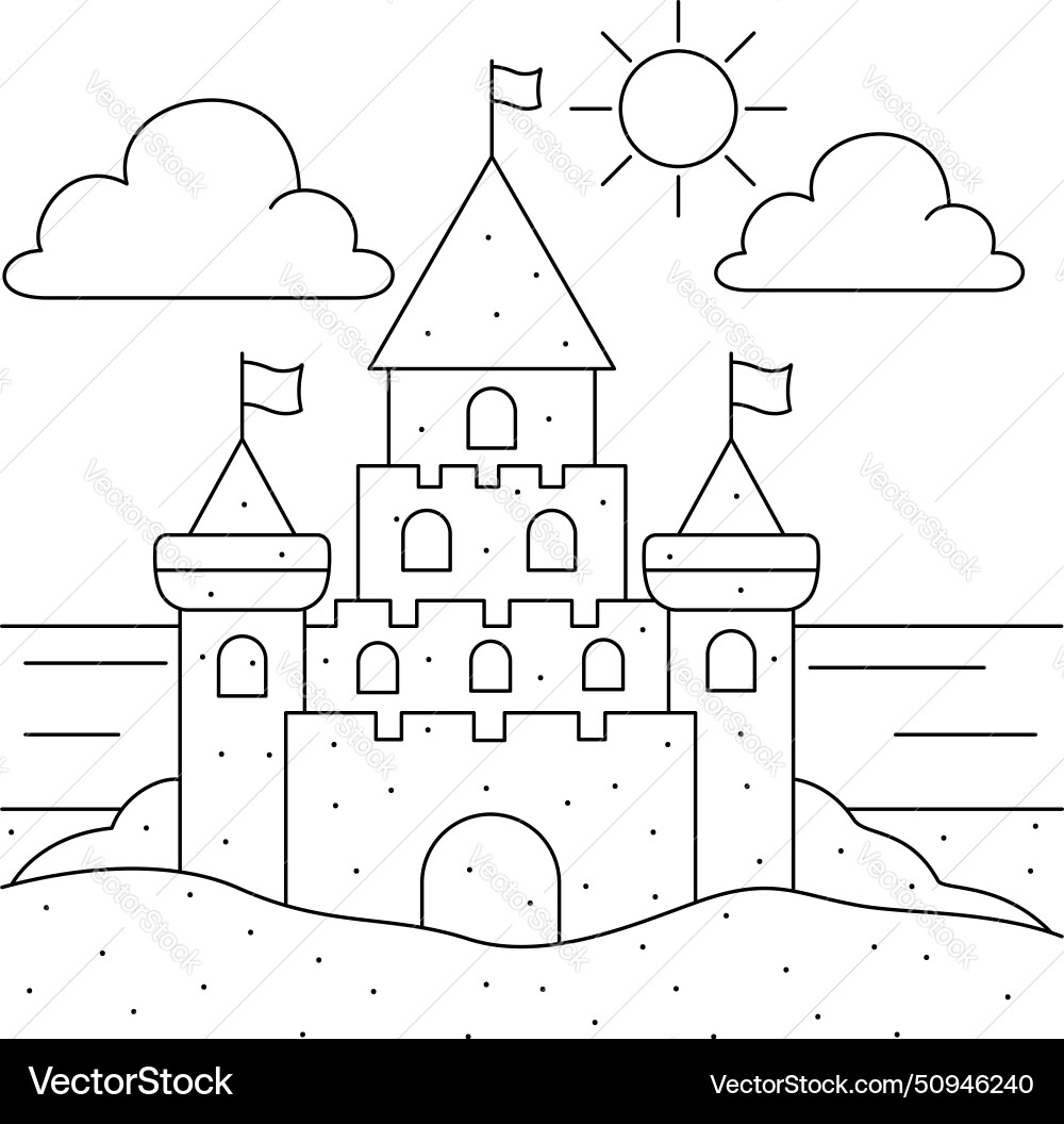 Cute sand castle summer coloring page for kids Vector Image