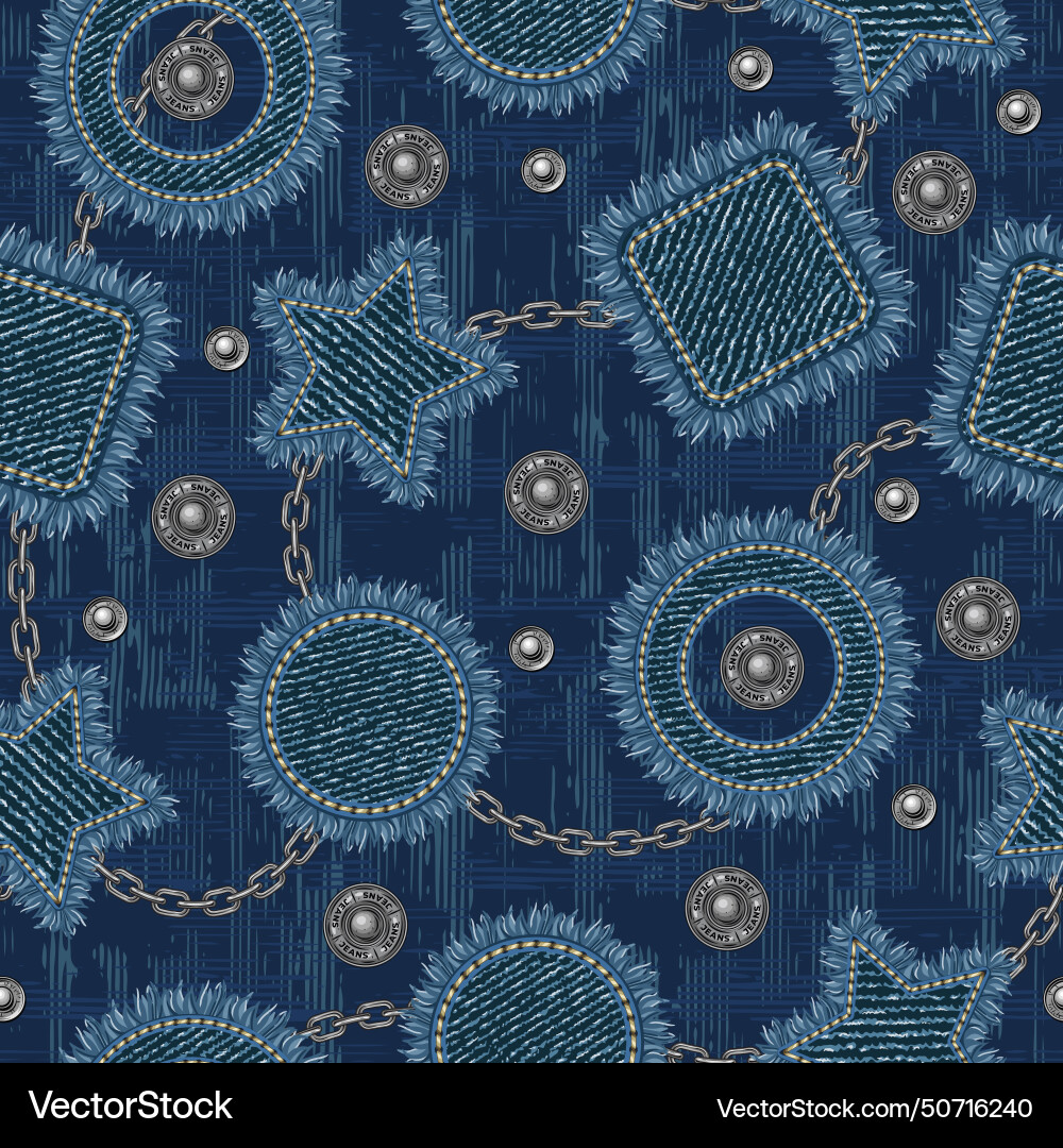 Denim seamless pattern with patches fringe Vector Image