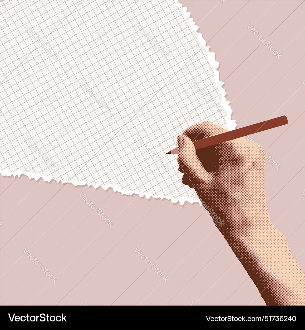 Trendy halftone collage female hand writing Vector Image