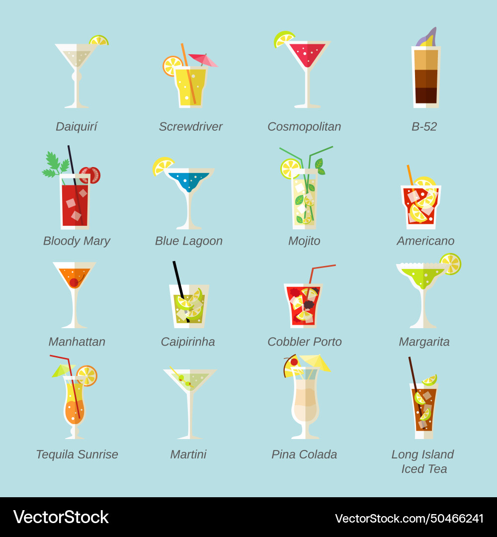 Alcohol cocktails icons flat Royalty Free Vector Image