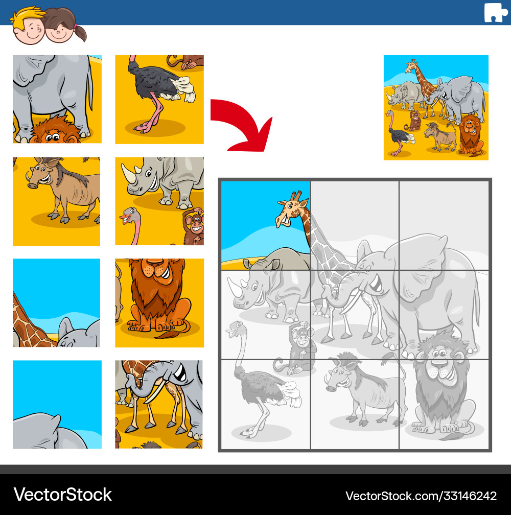 Jigsaw puzzle task with african animal characters Vector Image