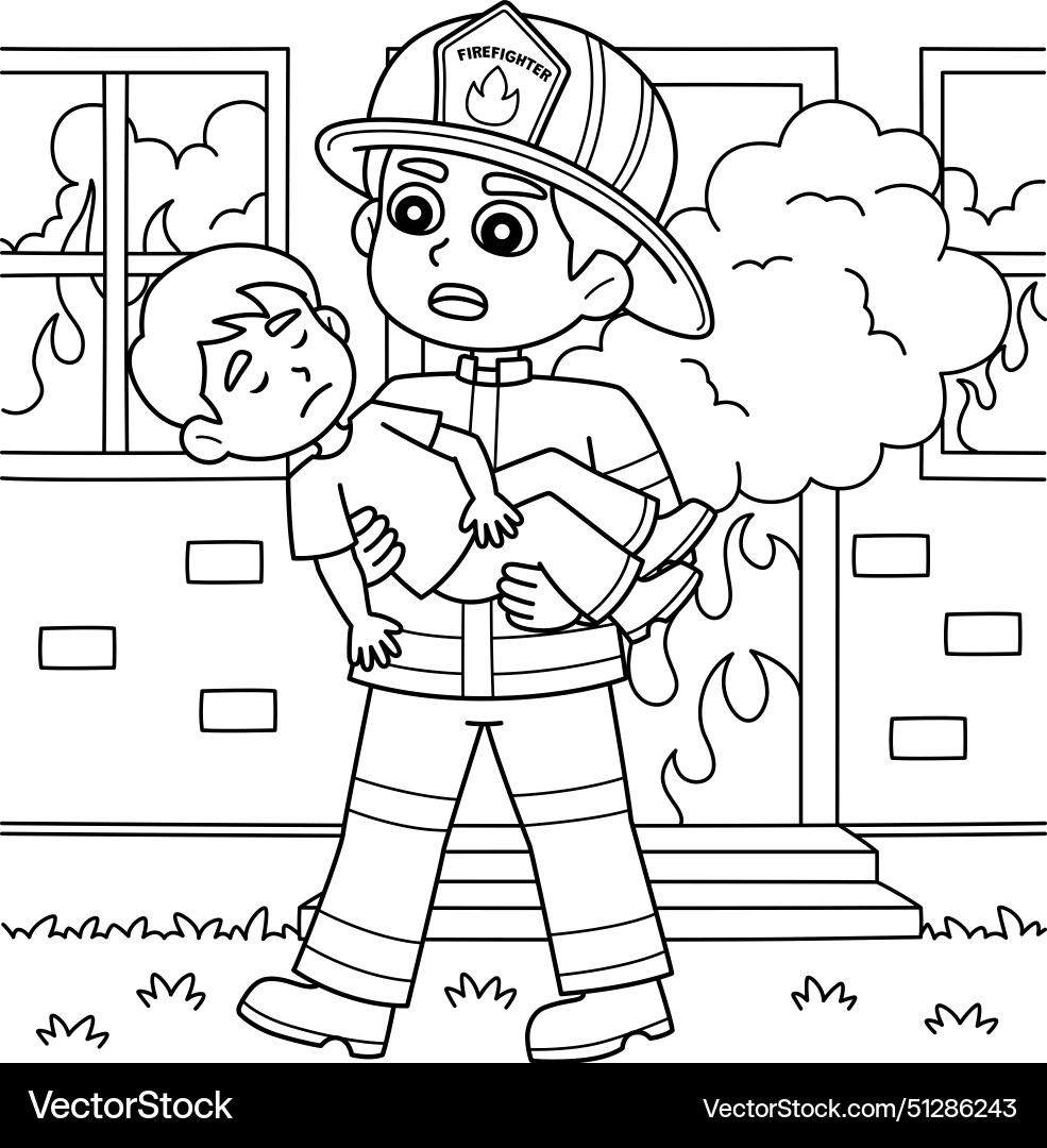 Firefighter saving the kid coloring page for kids Vector Image