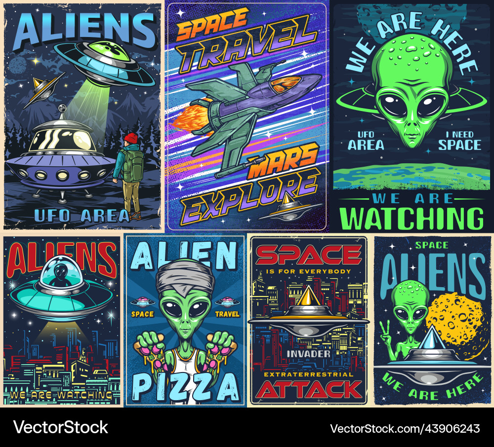 Space alien set posters colorful Royalty Free Vector Image