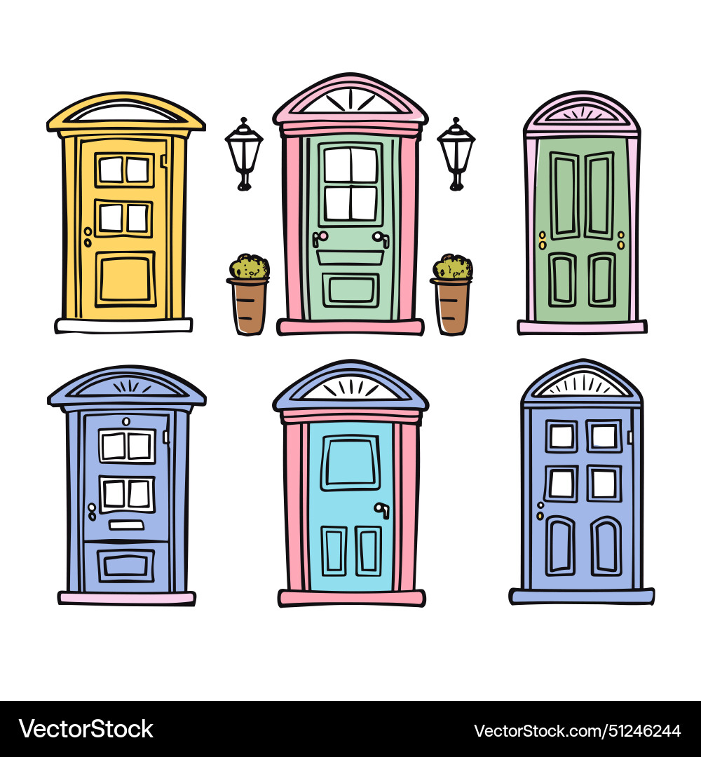 Colorful doors lined up street style six diverse Vector Image