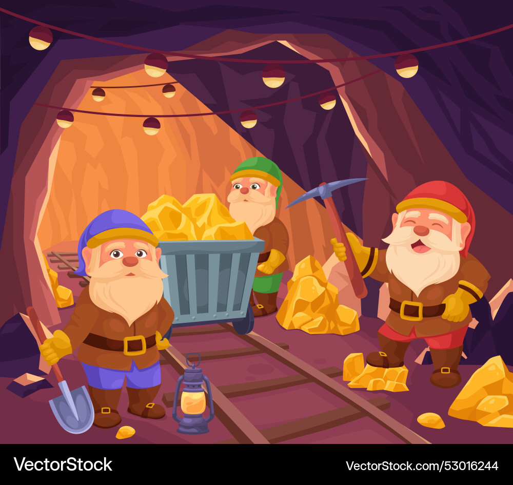 Dwarfs mine dwarf miners mining gold railway Vector Image