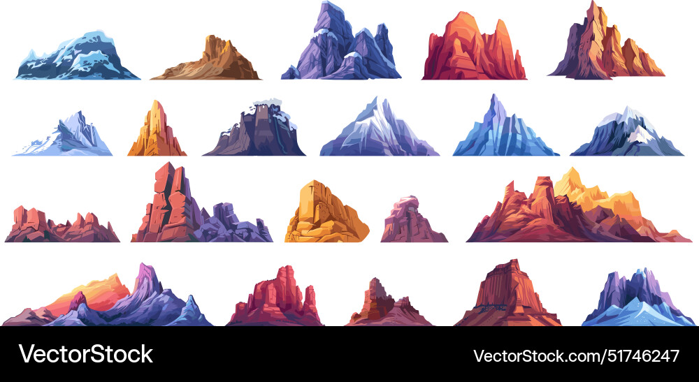 Mountains cartoon set rocks cliff ridge Royalty Free Vector
