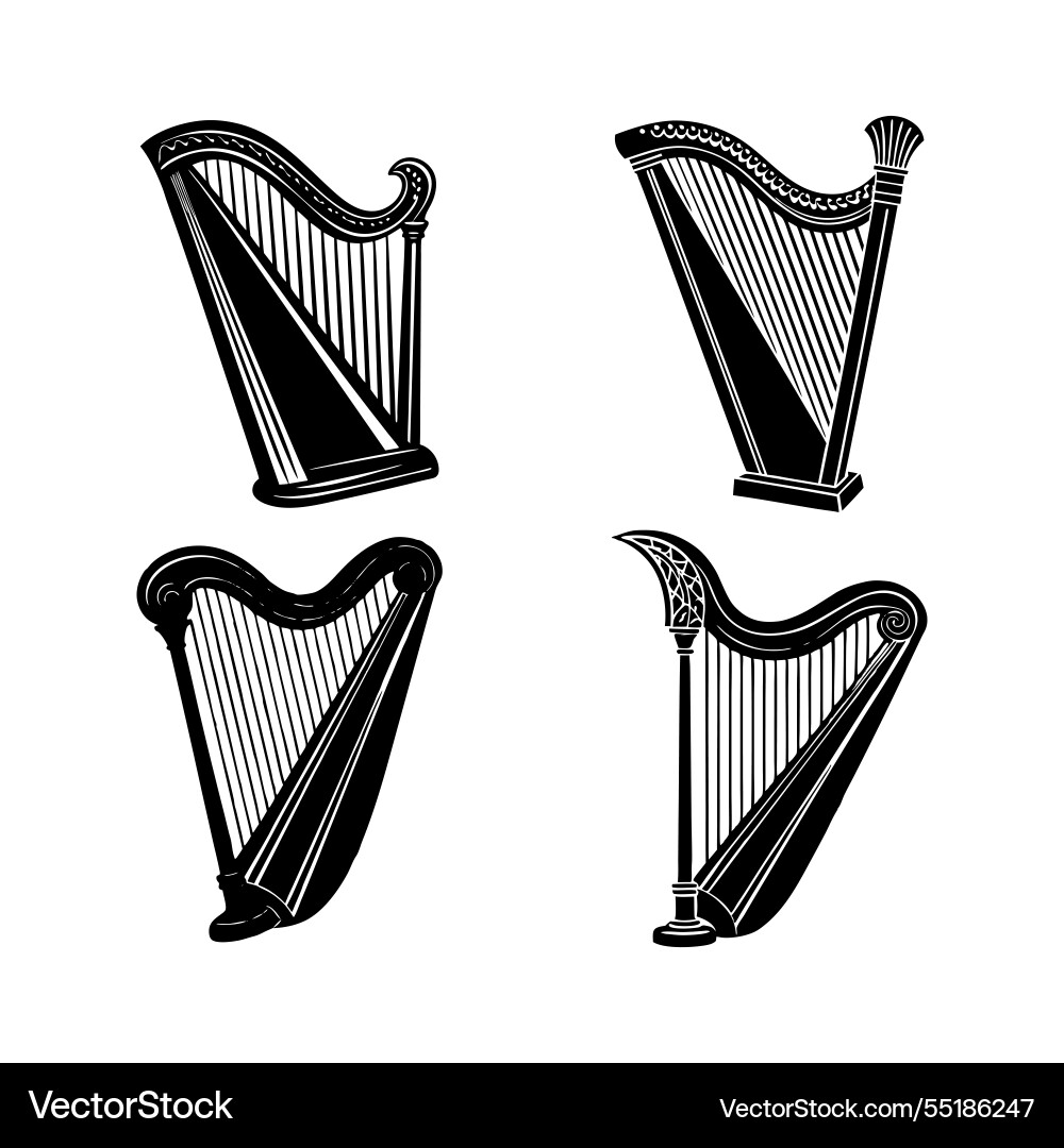 Set of different harps silhouette art Royalty Free Vector