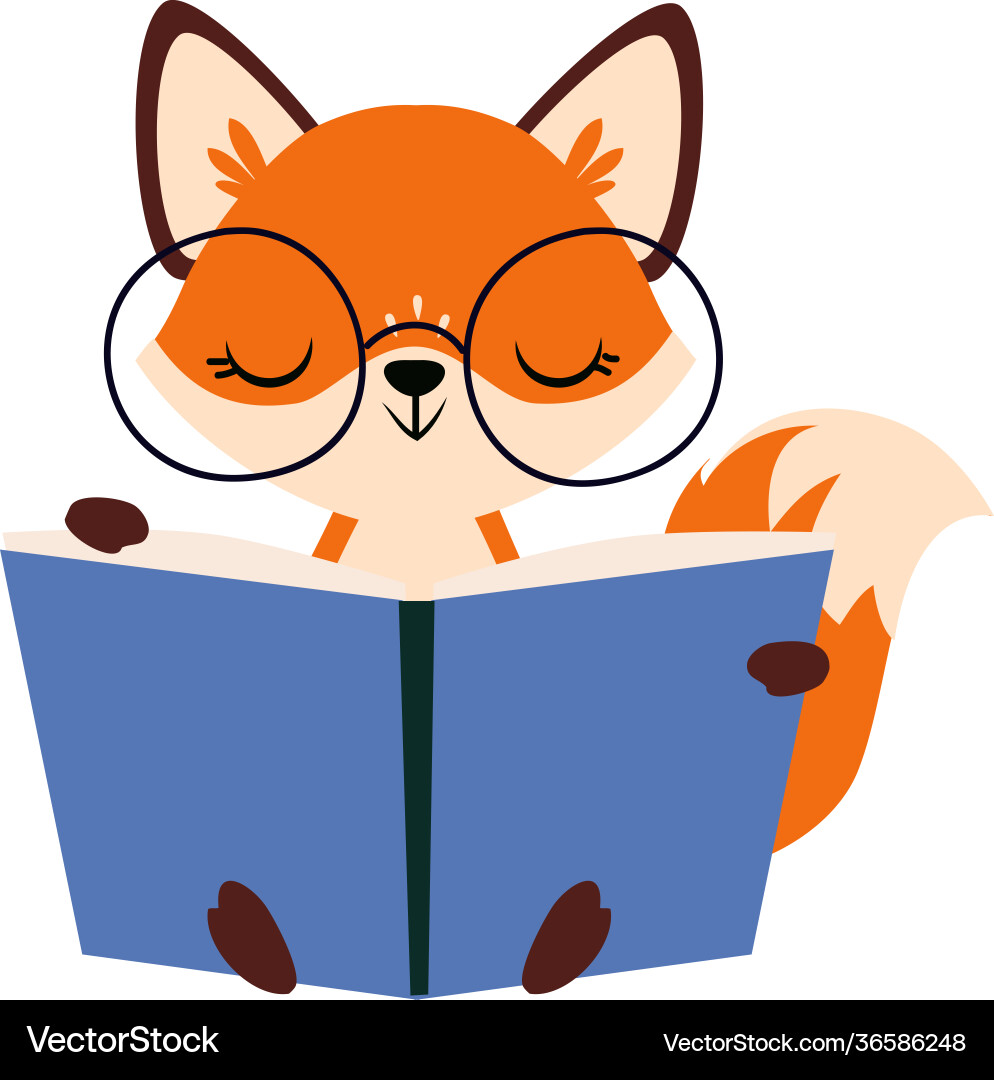 Cute little fox in glasses reading book Royalty Free Vector