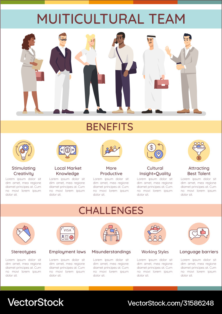 Multicultural team infographic template Royalty Free Vector