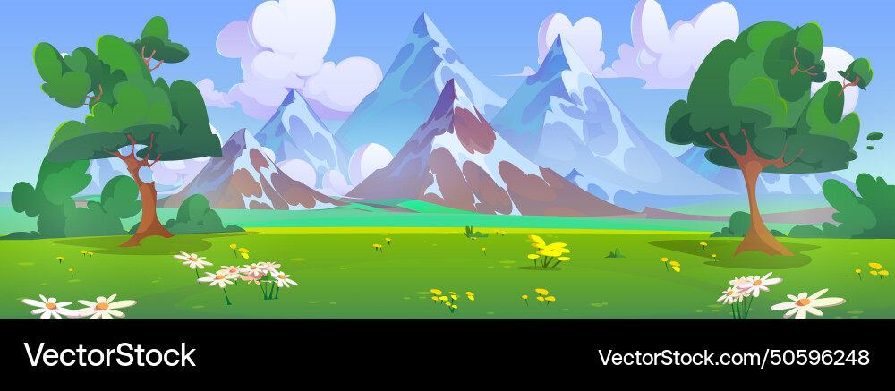 Summer mountain valley with flowers and trees Vector Image