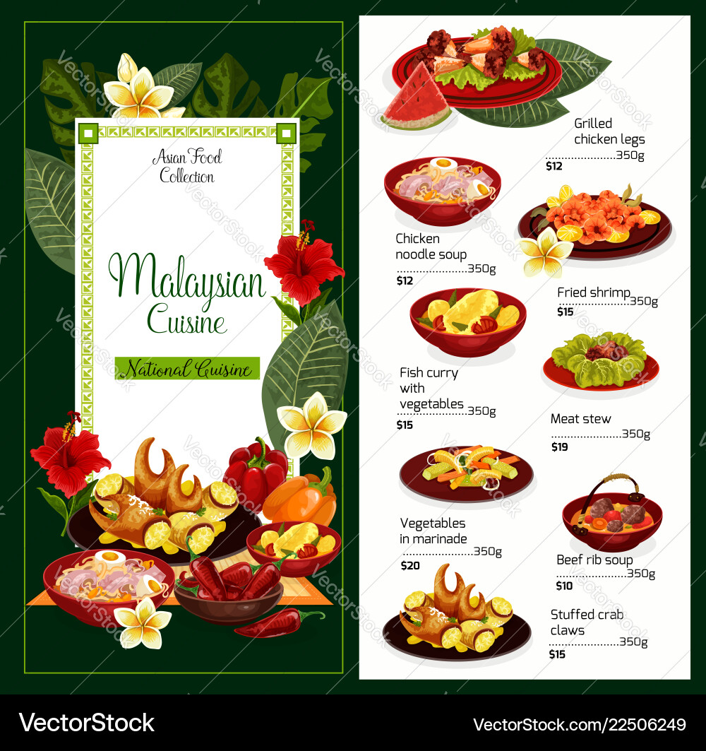 Malaysian cuisine traditional dishes menu Vector Image