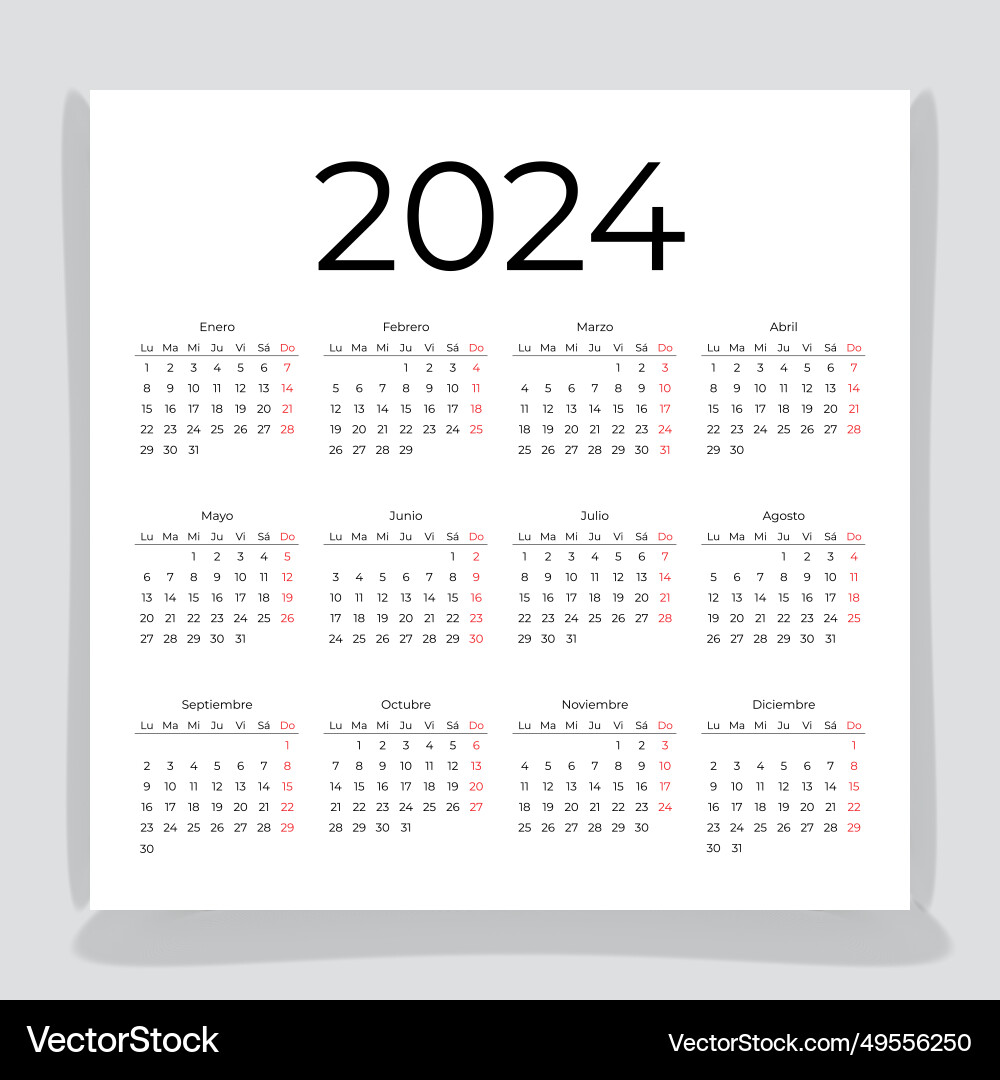 2024 spanish calendar simple template with 12 Vector Image