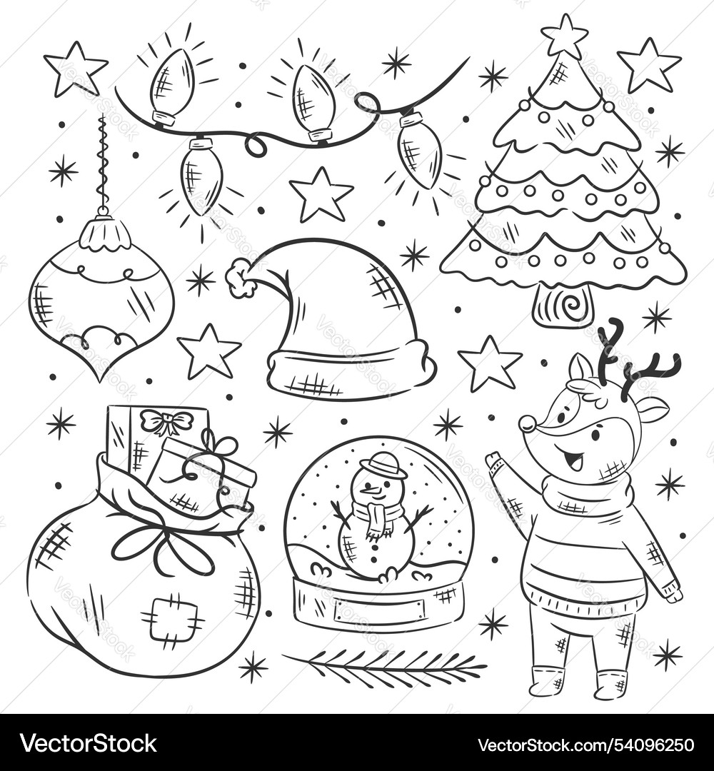 Christmas element collection hand drawn coloring Vector Image