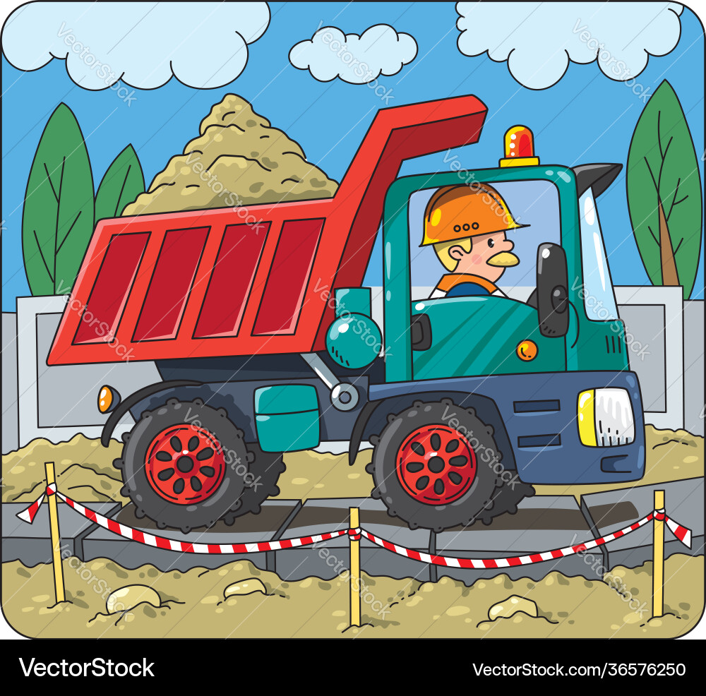 Construction worker in a dump truck cartoon Vector Image