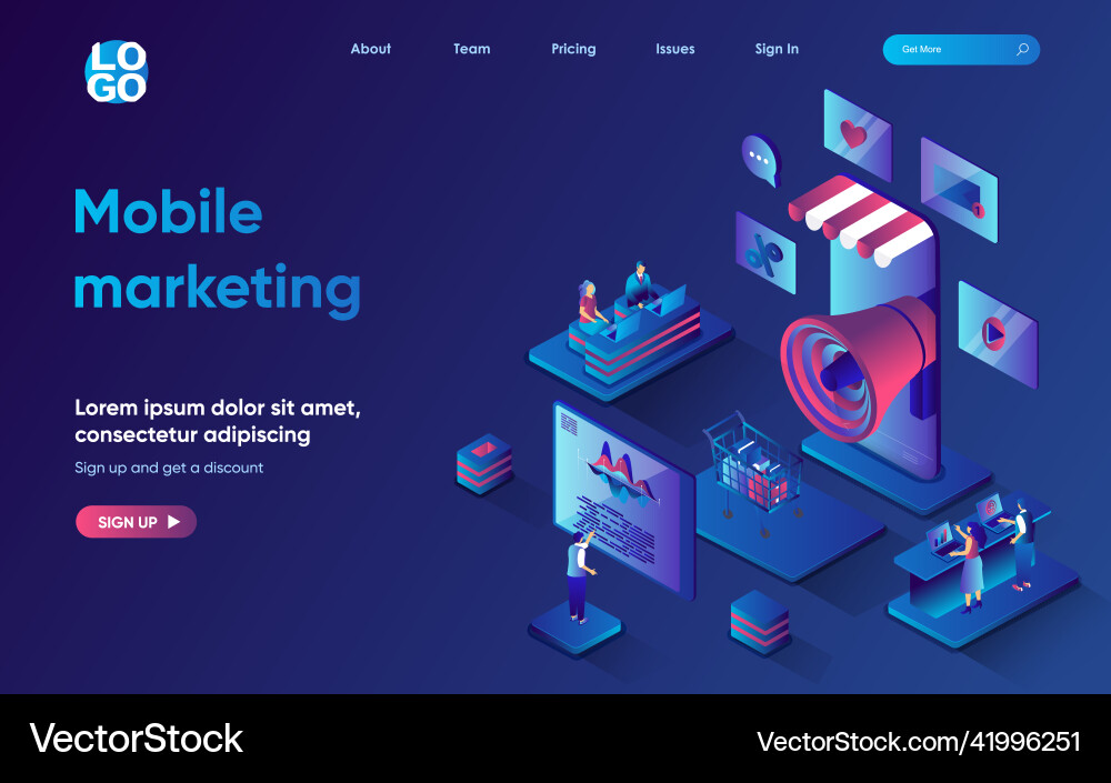 Mobile marketing concept 3d isometric web landing Vector Image