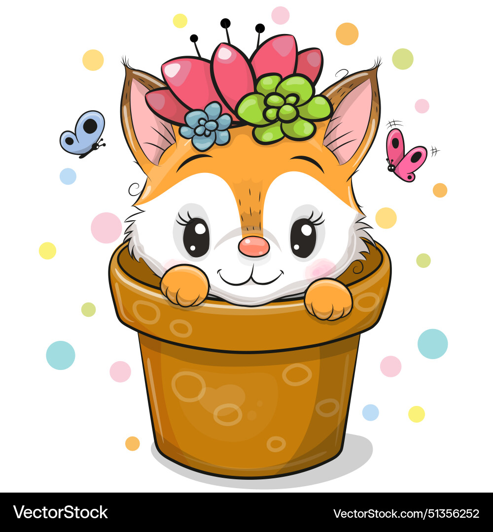 Cartoon fox in a brown flower pot Royalty Free Vector Image