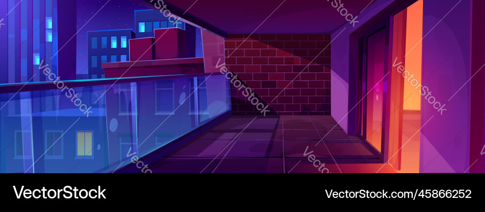 Empty night balcony interior with red brick wall Vector Image