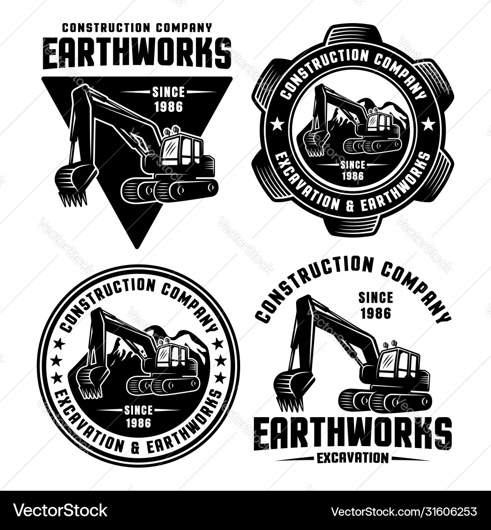 Excavator and earthworks set emblems Royalty Free Vector