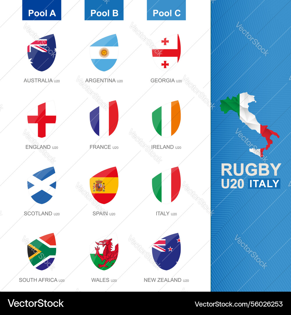 Flags in rugby style sorted by pool for u20 Vector Image