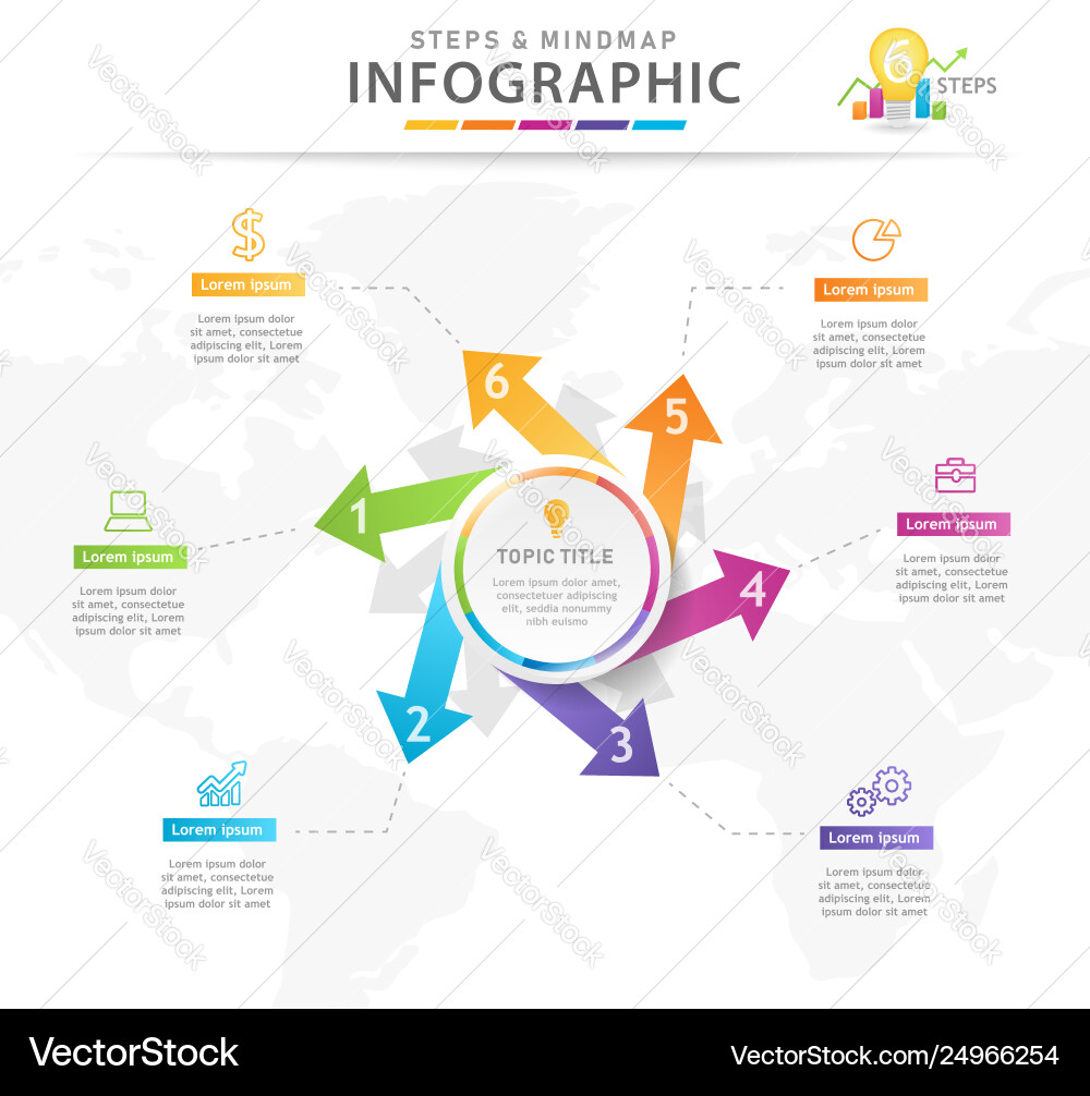 6 steps modern mindmap diagram with arrows Vector Image