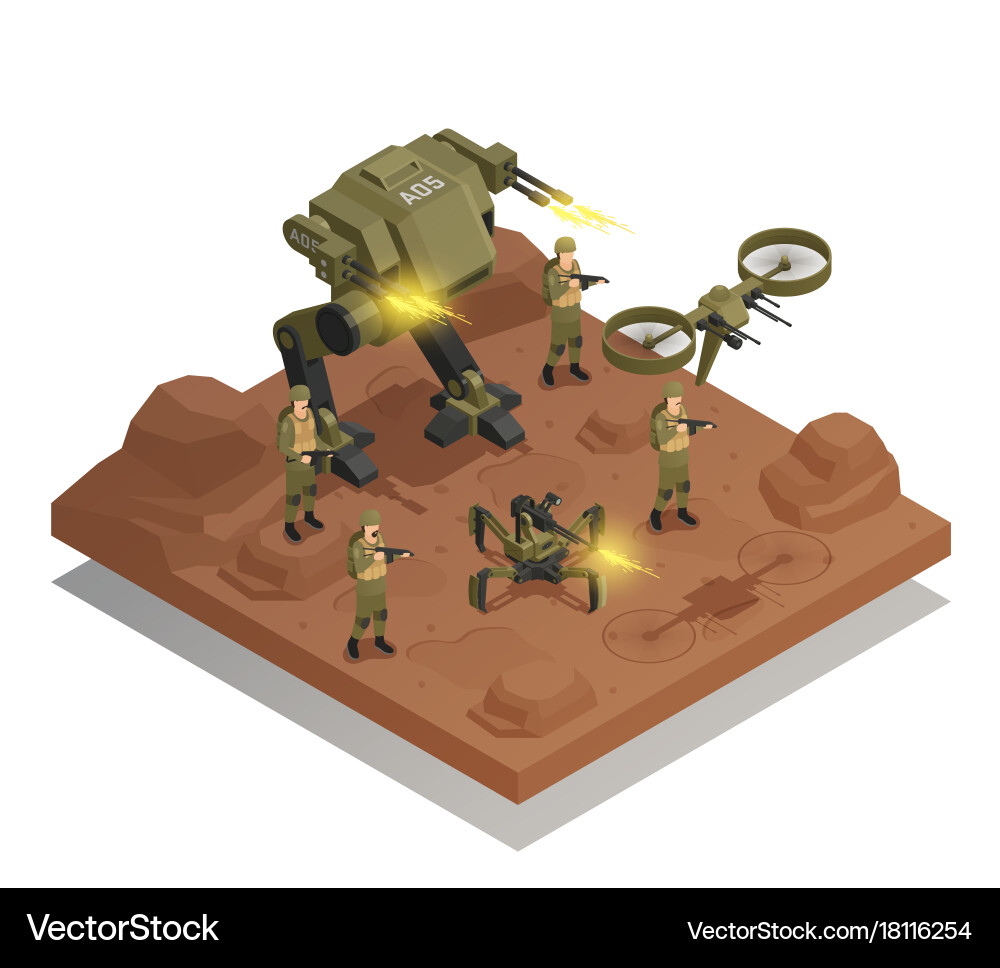 Fighting robots isometric composition Royalty Free Vector