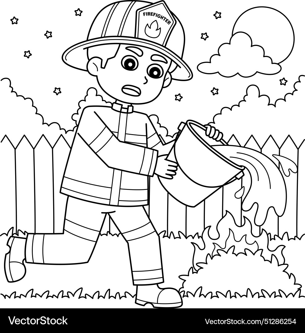 Firefighter holding bucket of water coloring page Vector Image