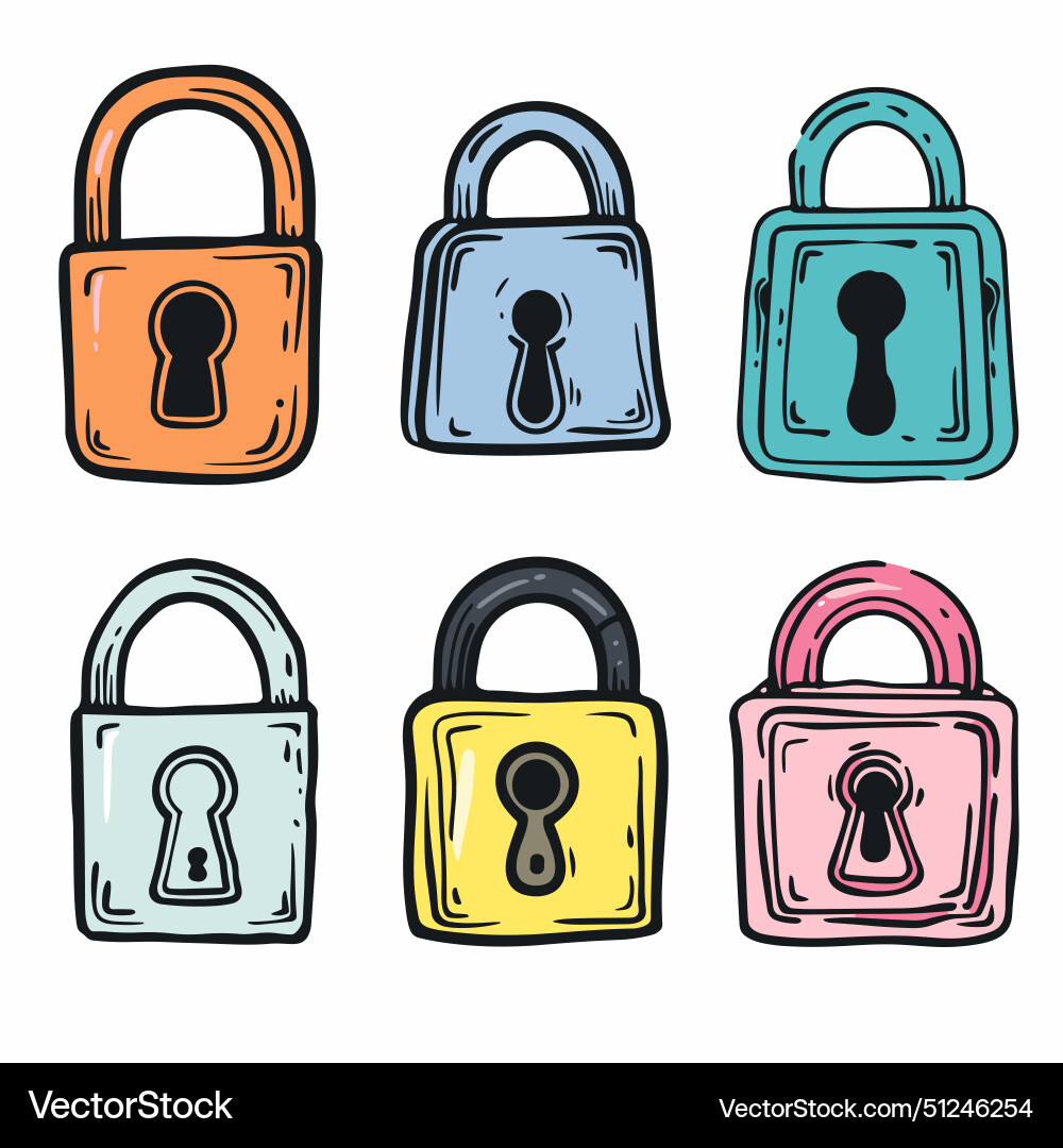 Six colorful padlocks doodle hand drawn security Vector Image
