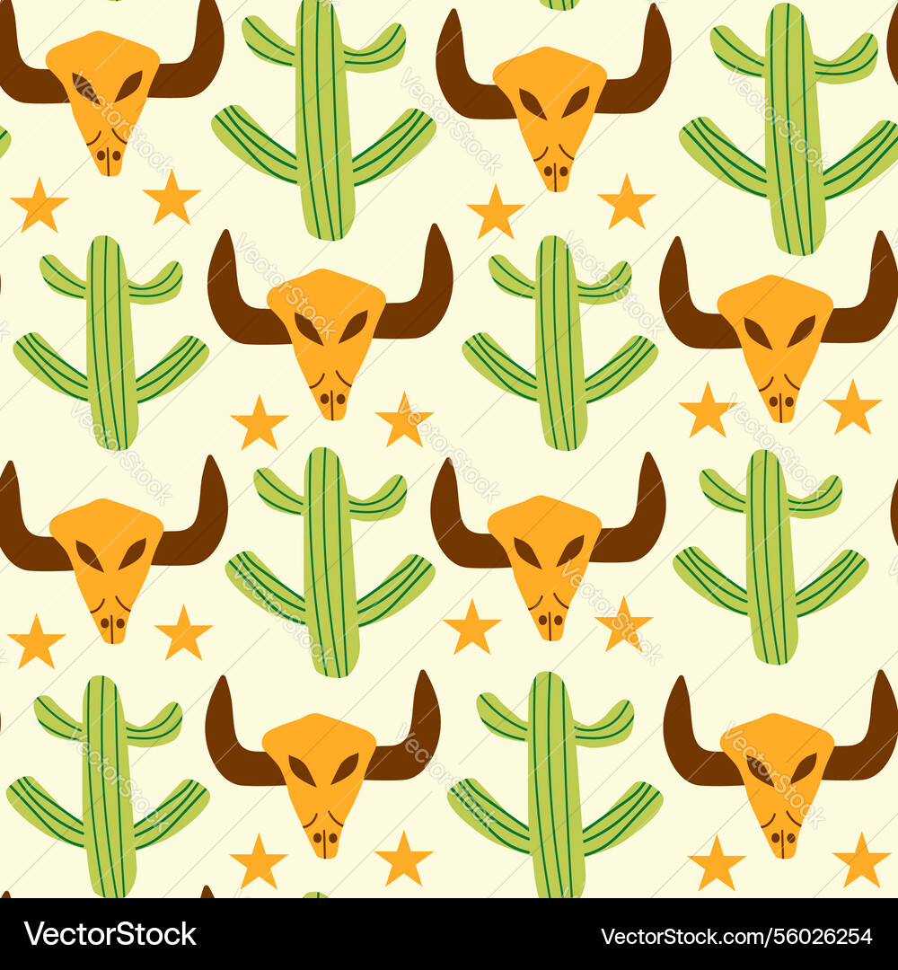 Western buffalo skull and cactus seamless pattern Vector Image