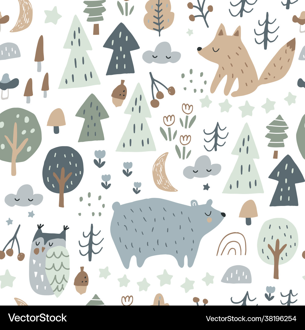 Woodland seamless pattern with bear fox owl Vector Image