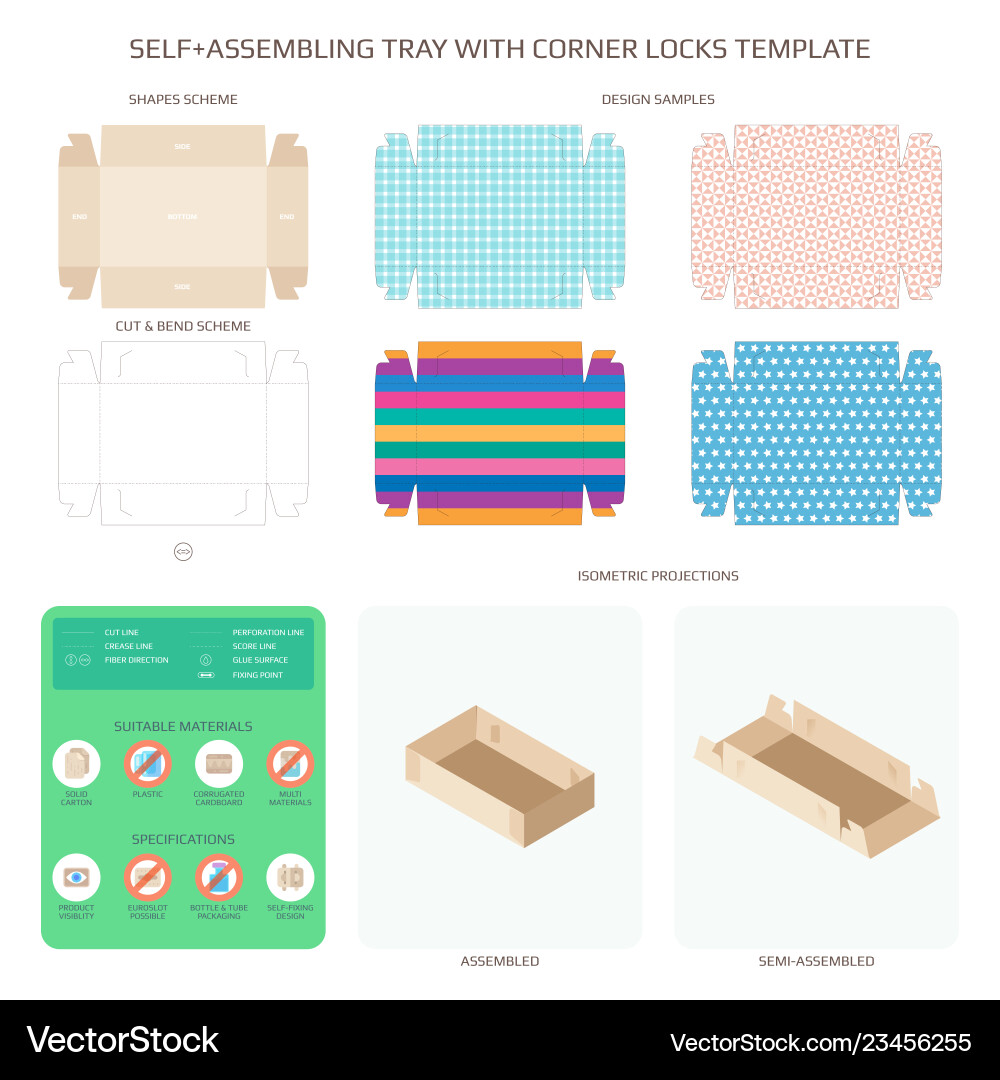 Self assembling cardboard box with corner locks Vector Image