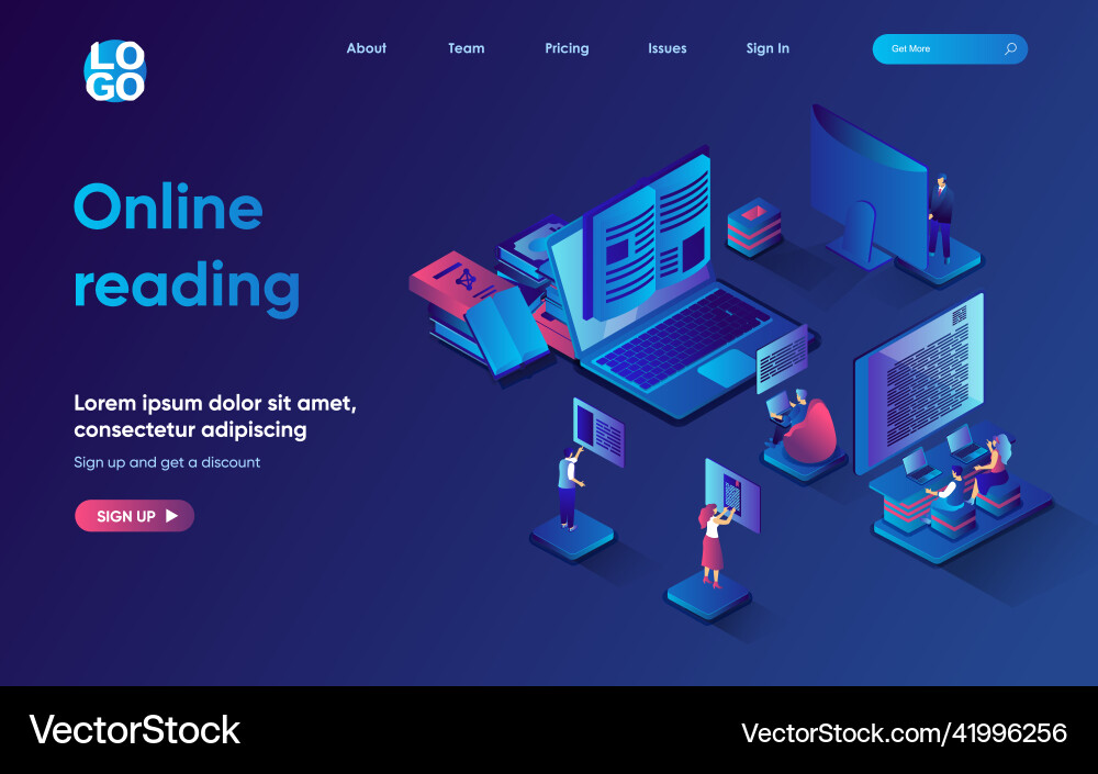 Online reading concept 3d isometric web landing Vector Image