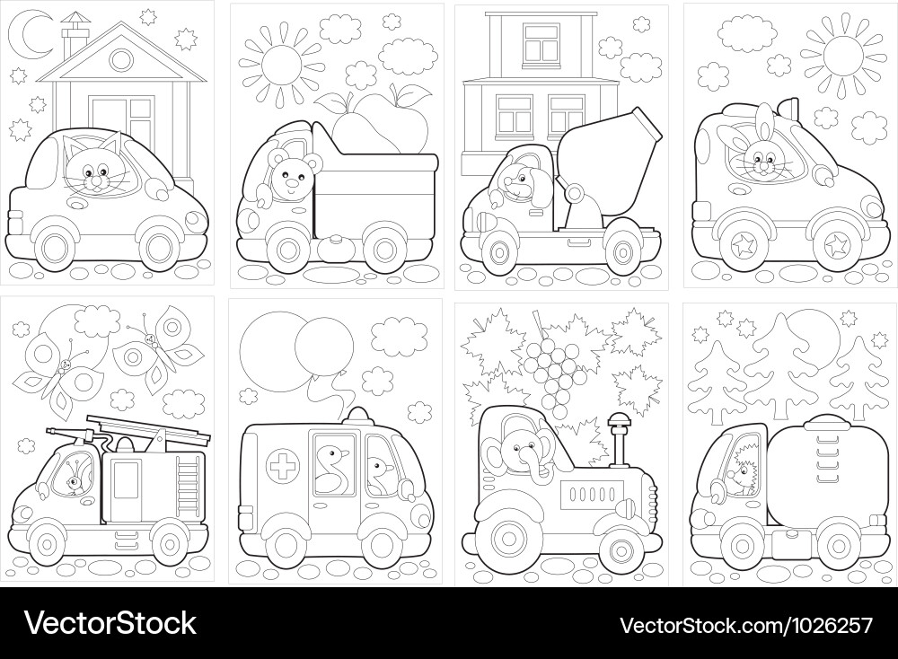 Cute Cars and Animals Coloring Pages Royalty Free Vector